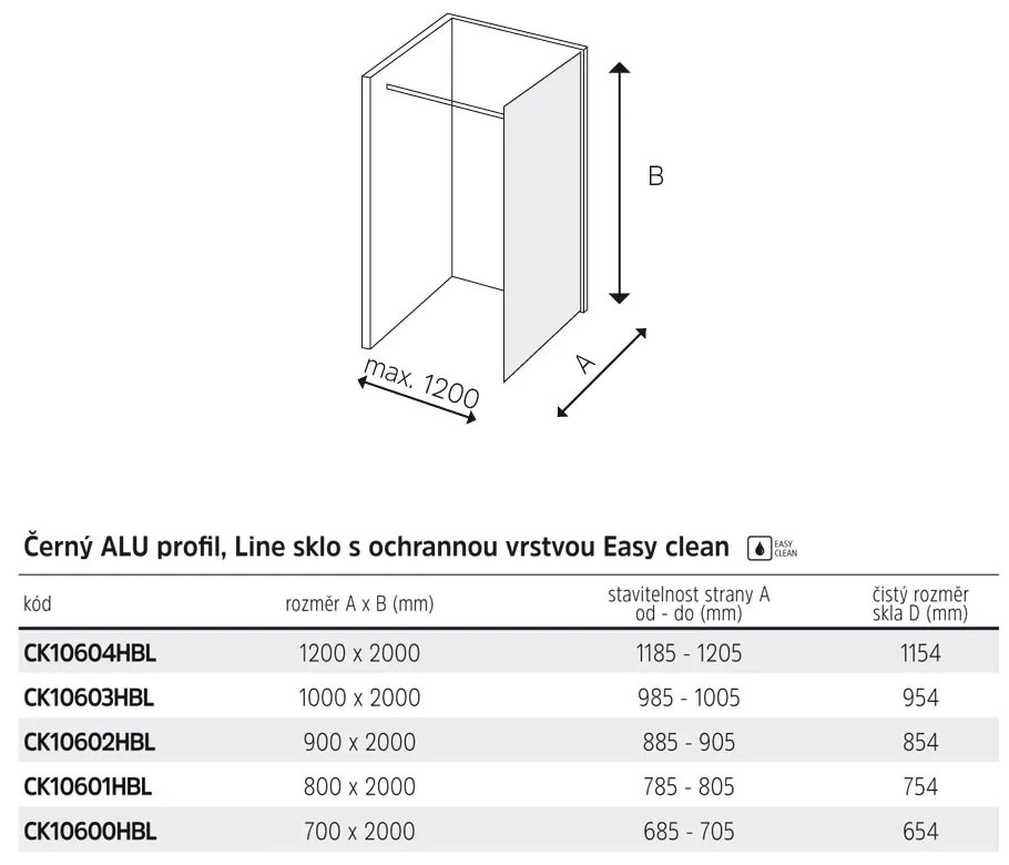 Mereo Novea sprchová stěna WALK IN 70 x 200 cm sklo Line ALU černá CK10600HBL