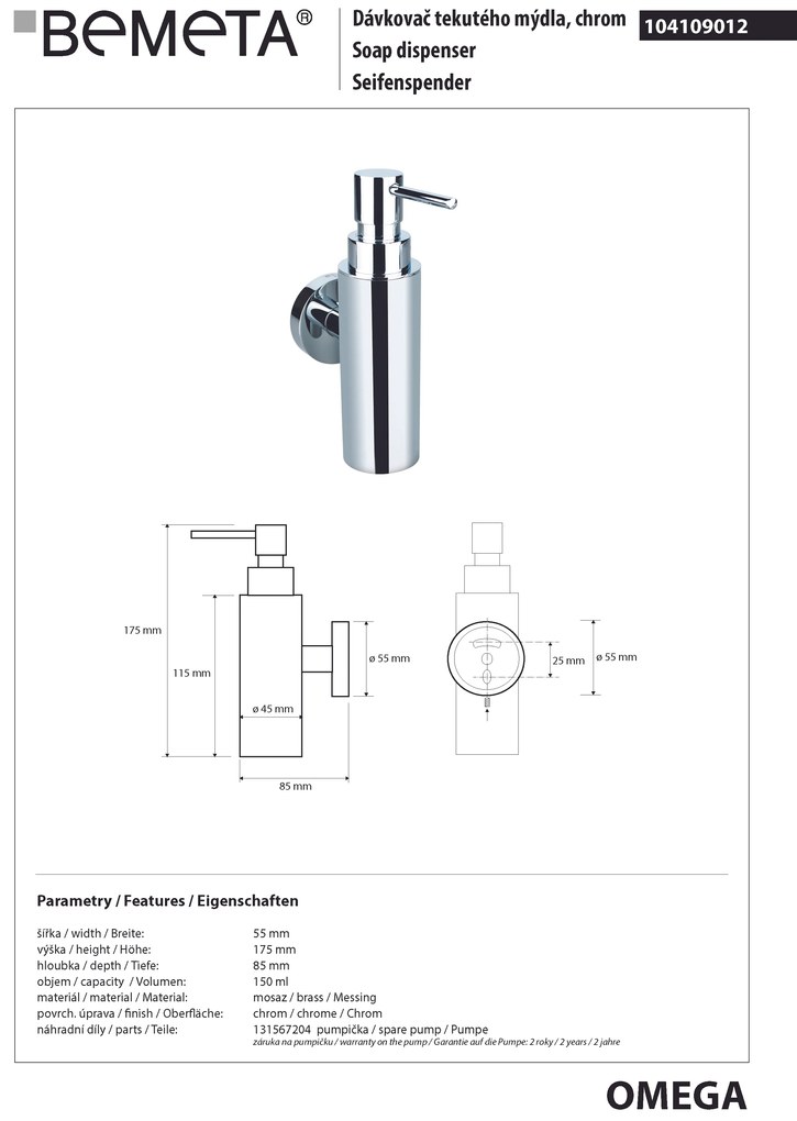 Bemeta Design OMEGA: Dávkovač mýdla, 150 ml - 104109012