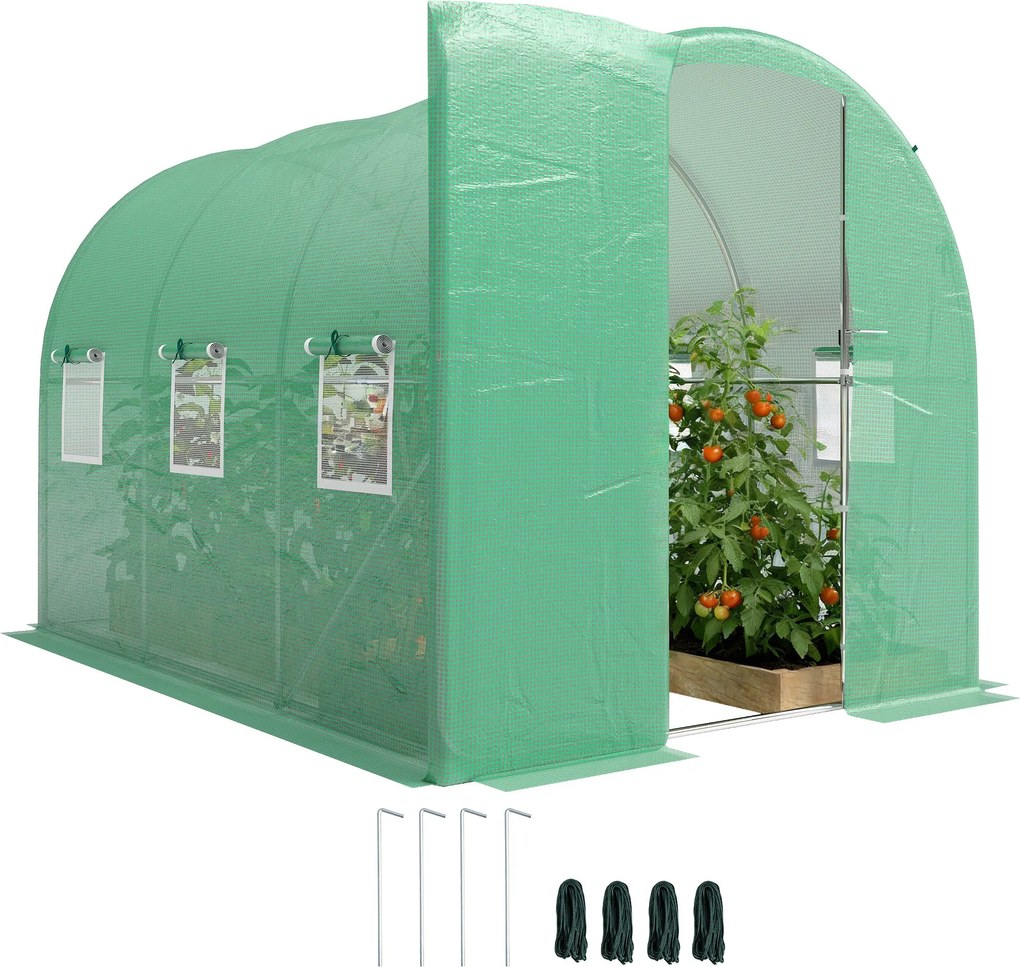 Outsunny tunelový skleník 2 × 3 m (200 × 300 × 200 cm) — pozinkovaný rám, pantové dveře, 8 rolovacích síťových oken, PE 140 g/m² | Aosom