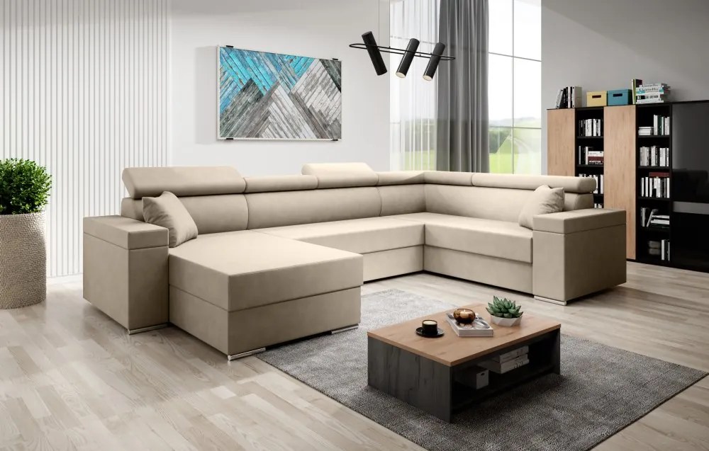 Rozkládací rohová sedačka SVENIA BIS GO U 340x210cm - rozklad a úložný prostor béžová - Soro 21 levý roh