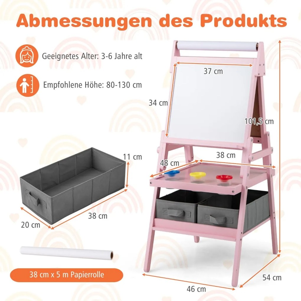 Costway Dětská tabule 3 v 1 s papírovou rolí a amp; magnetická tabule – růžový