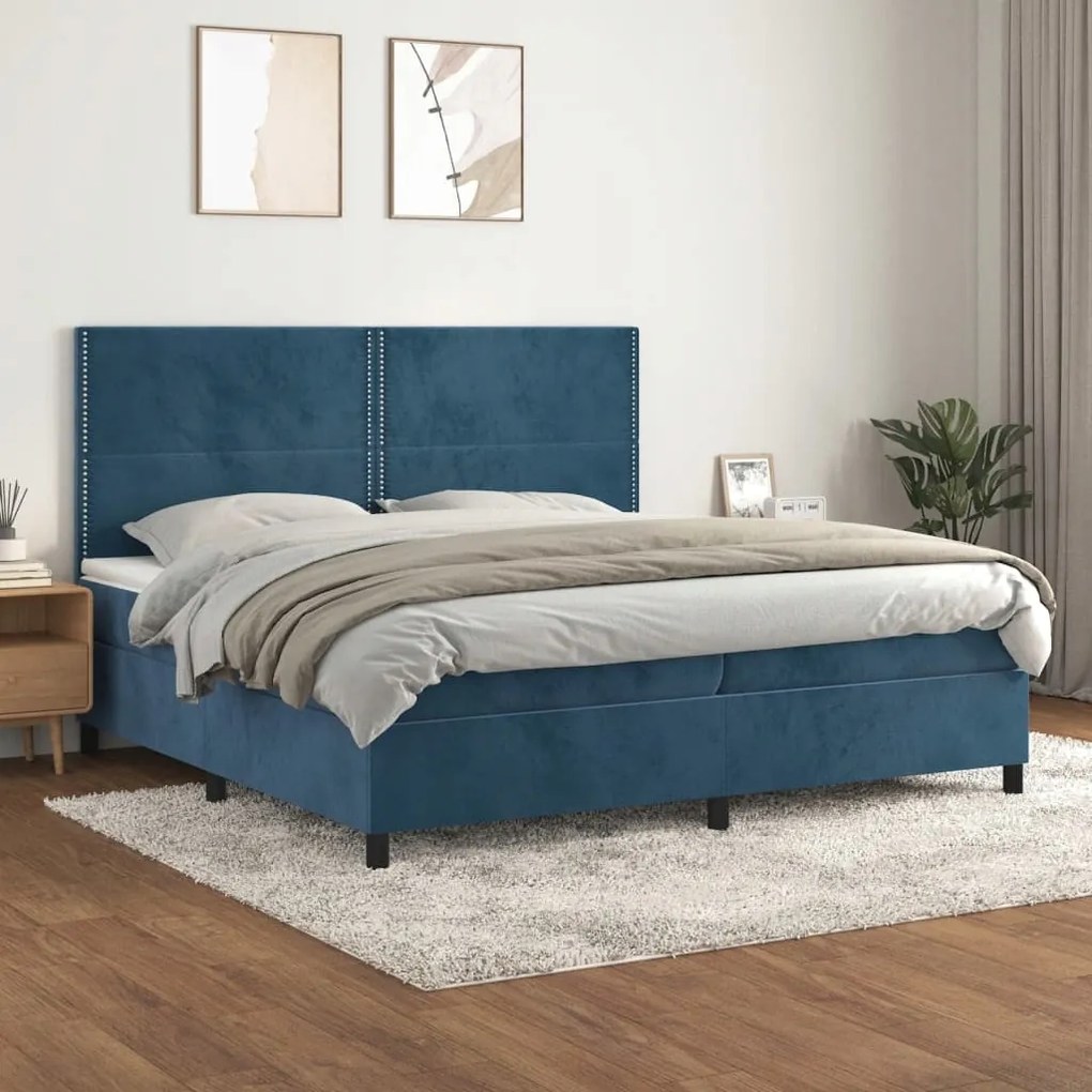 Box Spring Postel S Matrací Tmavě Modrá Samet Tmavě Moddrá Hladké s hřebíky