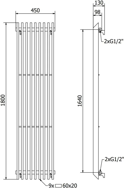 Mexen Aurora dekorativní radiátor 1800 x 450 mm, 1347 W, černý - W212-1800-450-00-70