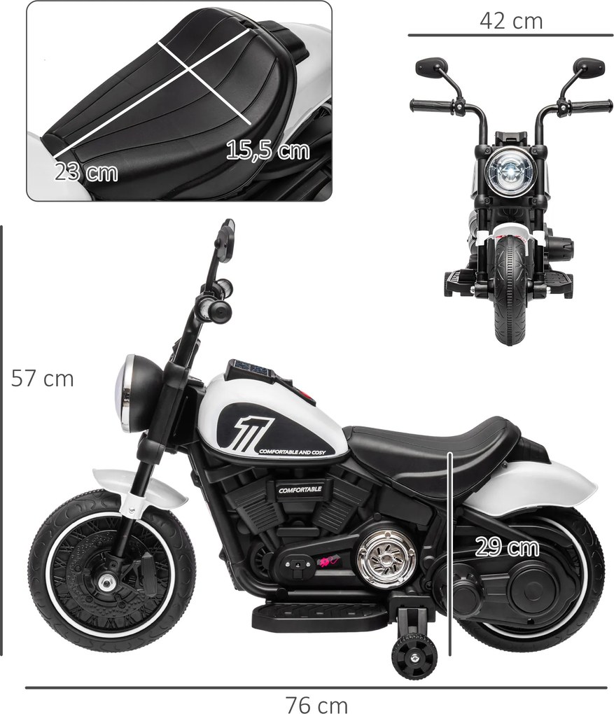 Dětská motorka HOMCOM - Elektrická motorka pro děti s 2 odnímatelnými tréninkovými koly, 3 km/h, pro děti od 1,5 do 3 let, Bílá, 76 x 42 x 57 cm
