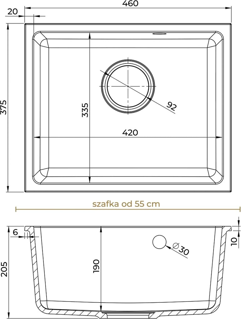 Sink Quality Crypton 55, kuchyňský granitový dřez 460x375x205 mm + zlatý sifon, černá, SKQ-CRY.C.1KBO.55.XG