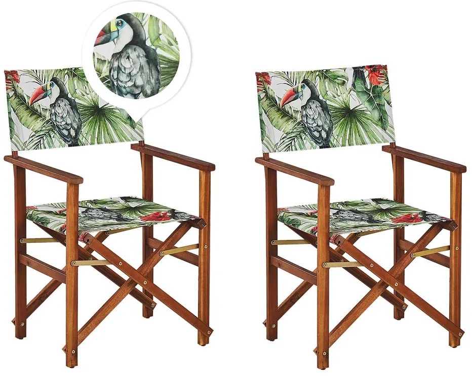 Sada 2 zahradních židlí a náhradních potahů tmavé akáciové dřevo/motiv tukana CINE Beliani