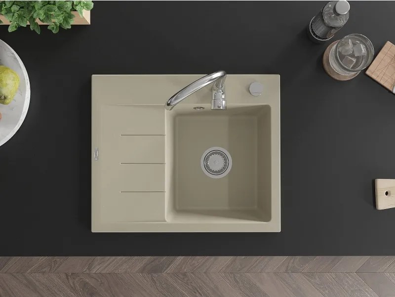Mexen Ben, 1-komorový granitový dřez 600x500x190 mm, pravý + chromový sifon, béžová, 6523605000-69