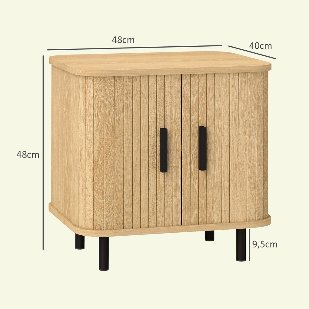 HOMCOM Sada 2 Nočních Stolků s Posuvnými Dveřmi, 2 Police a Ocelovými Nohami, Skandinávský Styl pro Obývací Pokoj 48x40x48 cm Dub