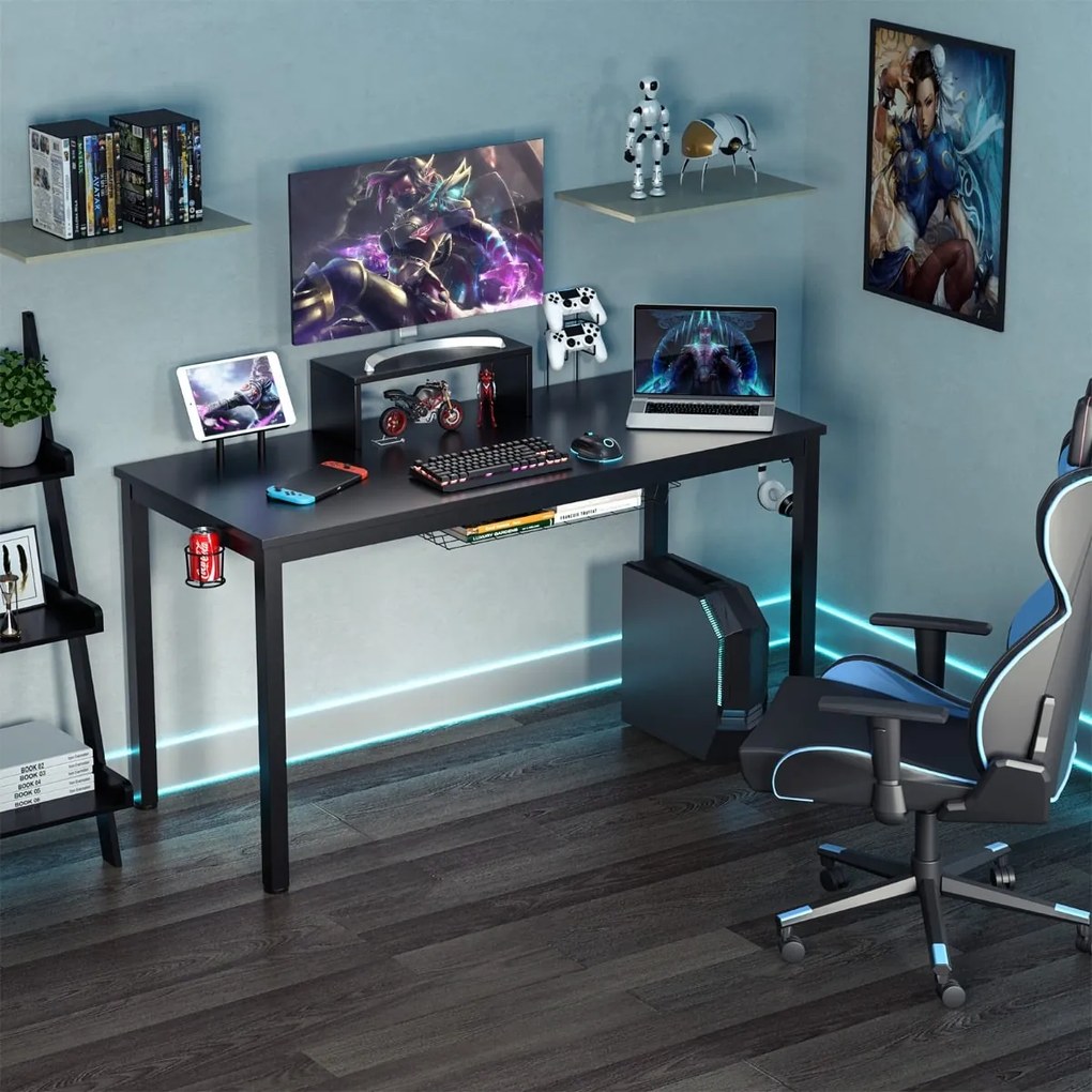 Costway Psací stůl 140 cm s policí na monitor, s držákem na nápoje, háček