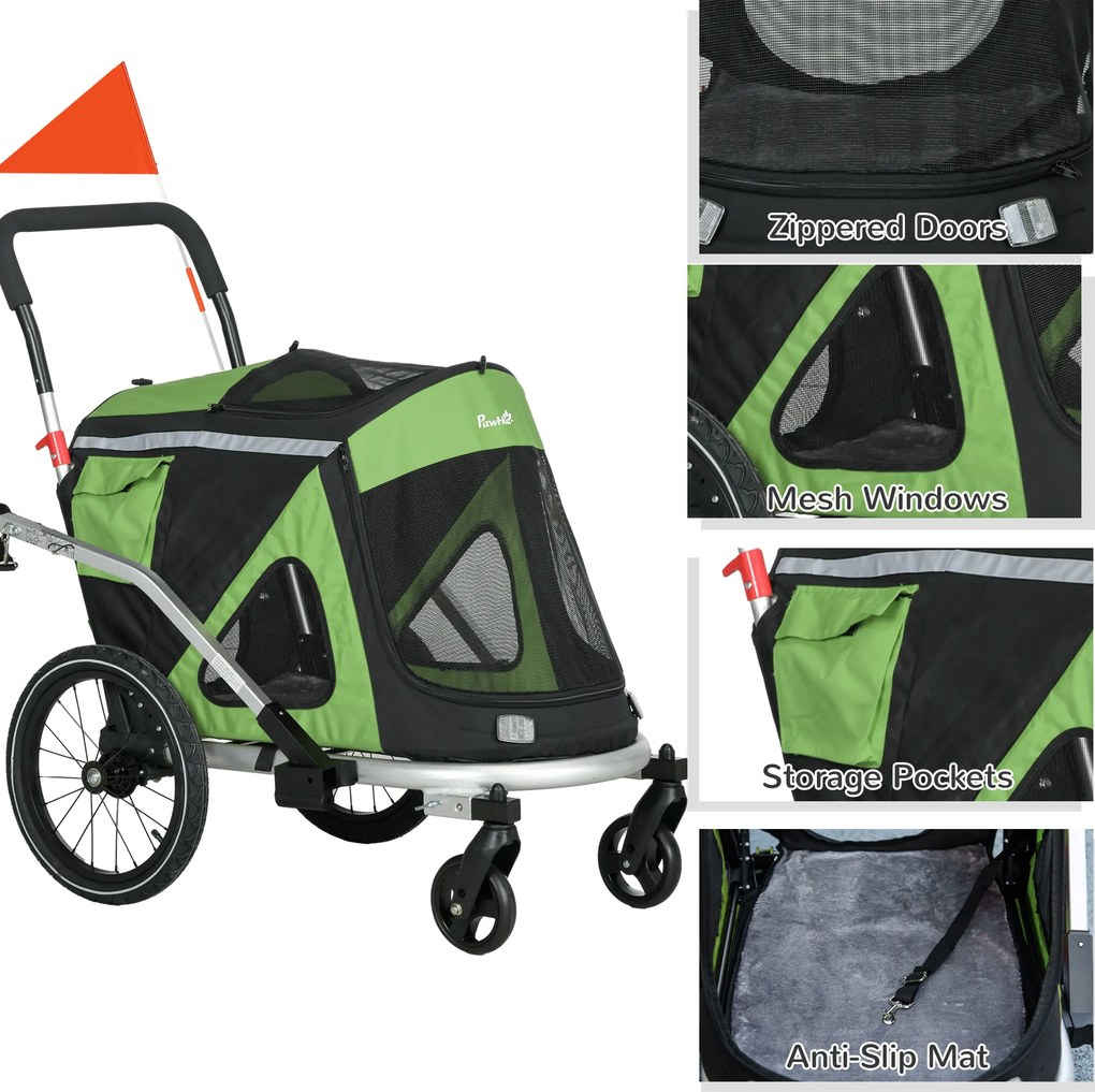 PawHut 2-in-1 cyklo vozík pro psy, kočárek pro domácí zvířata s bezpečnostním vodítkem, kočárek pro psy s reflexními plochami a tlumiči nárazů pro st…