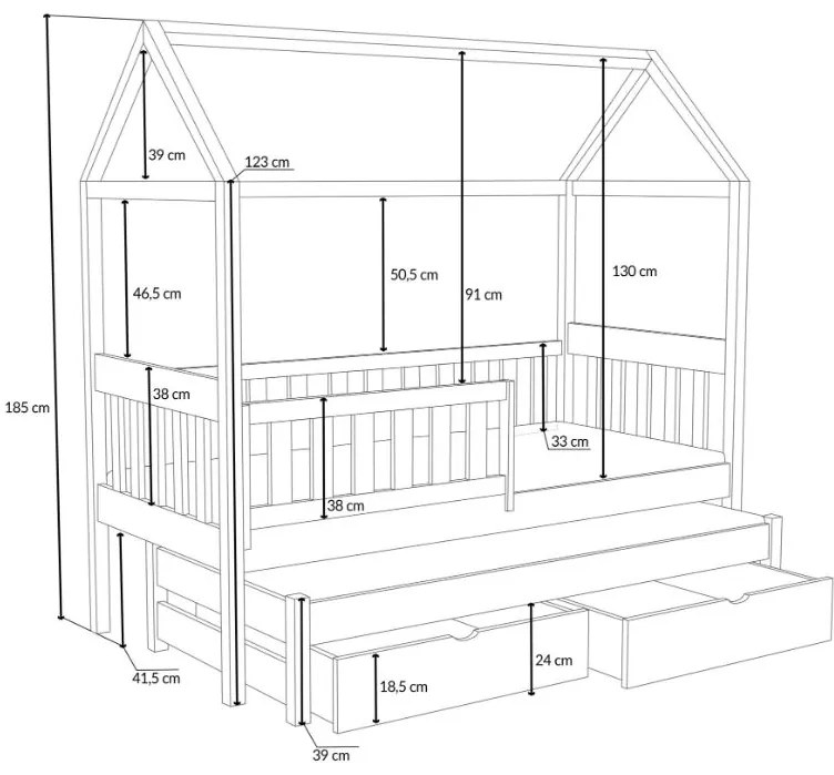 Dětská domečková postel z masivu borovice REVOLUT s přistýlkou a šuplíky - 200x90 cm - přírodní borovice