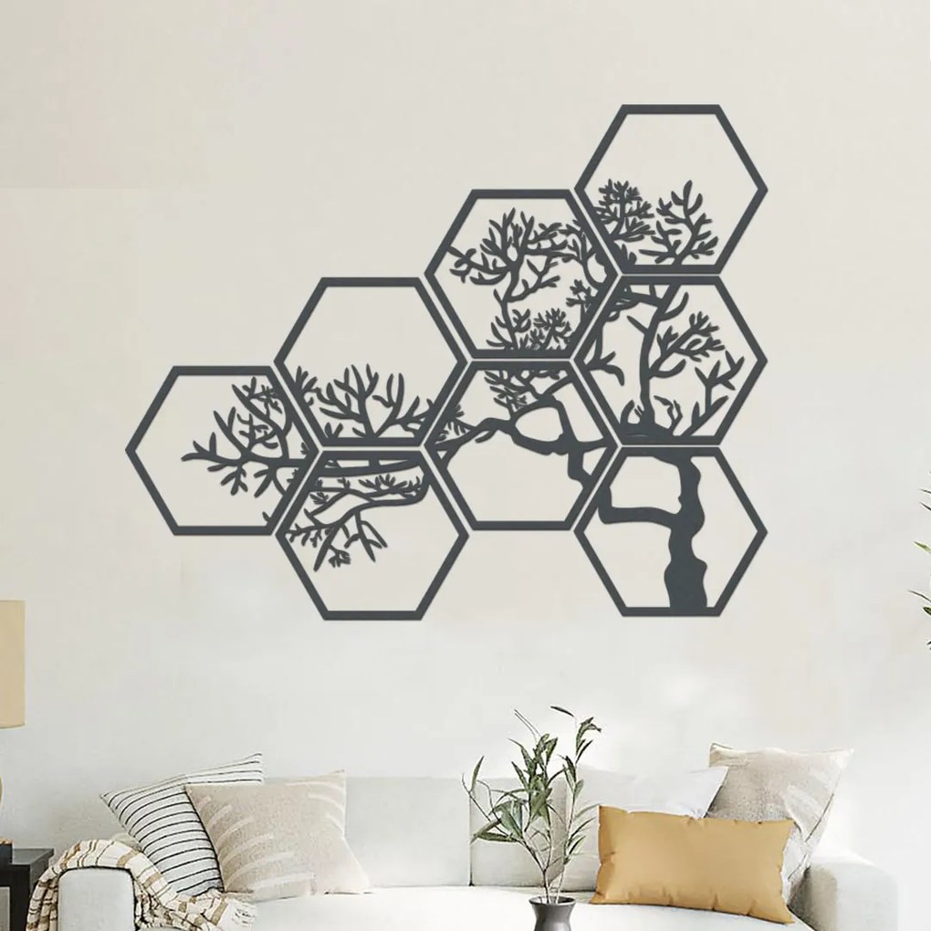 dřevo života Dřevěný strom na zeď HEXAGON Zvolte barvu dekoru: Antracitová, Rozměry (cm): 80x64