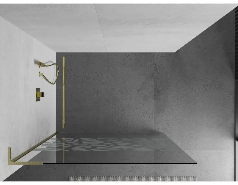 Mexen Kioto L, sprchová zástěna Walk-In 100 x 200 cm, 8mm čiré sklo bílý vzor, zlatý matný profil, 800-100-103-55-85