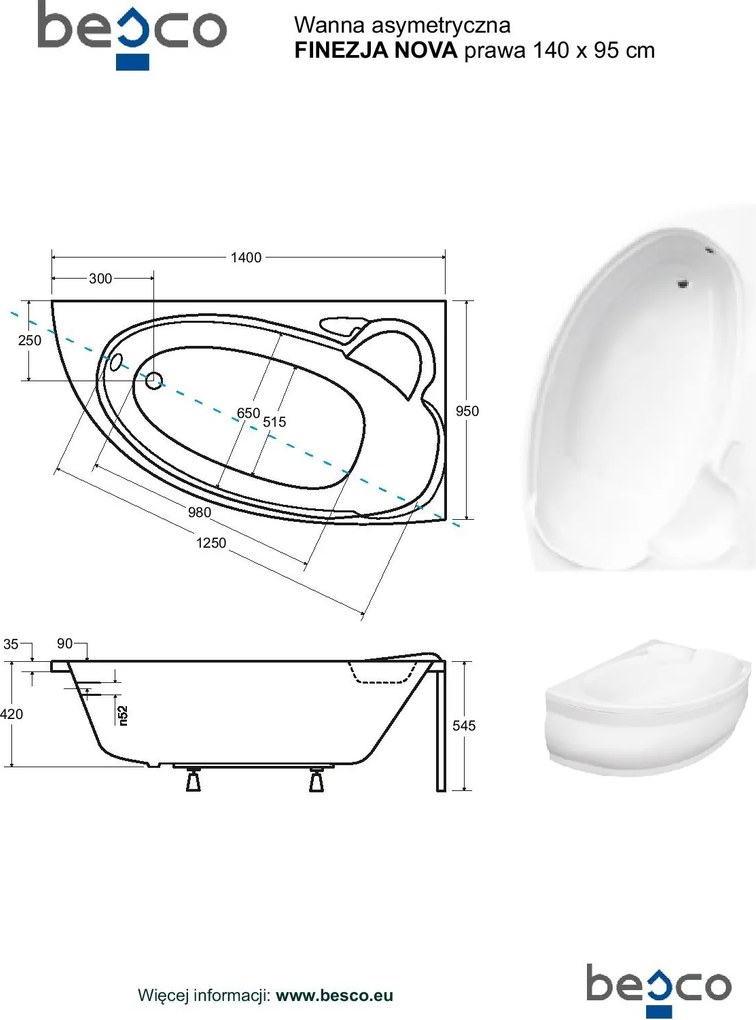 Besco FINEZJA NOVA 140 x 95 cm VANFINN140L vana bez nožiček levá