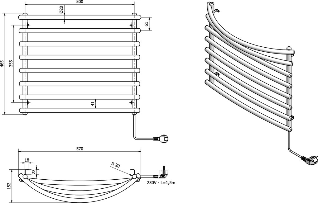 Aqualine SU210A elektrický sušák ručníků 57 x 46,5 cm 72 W šedý hliník - metalíza