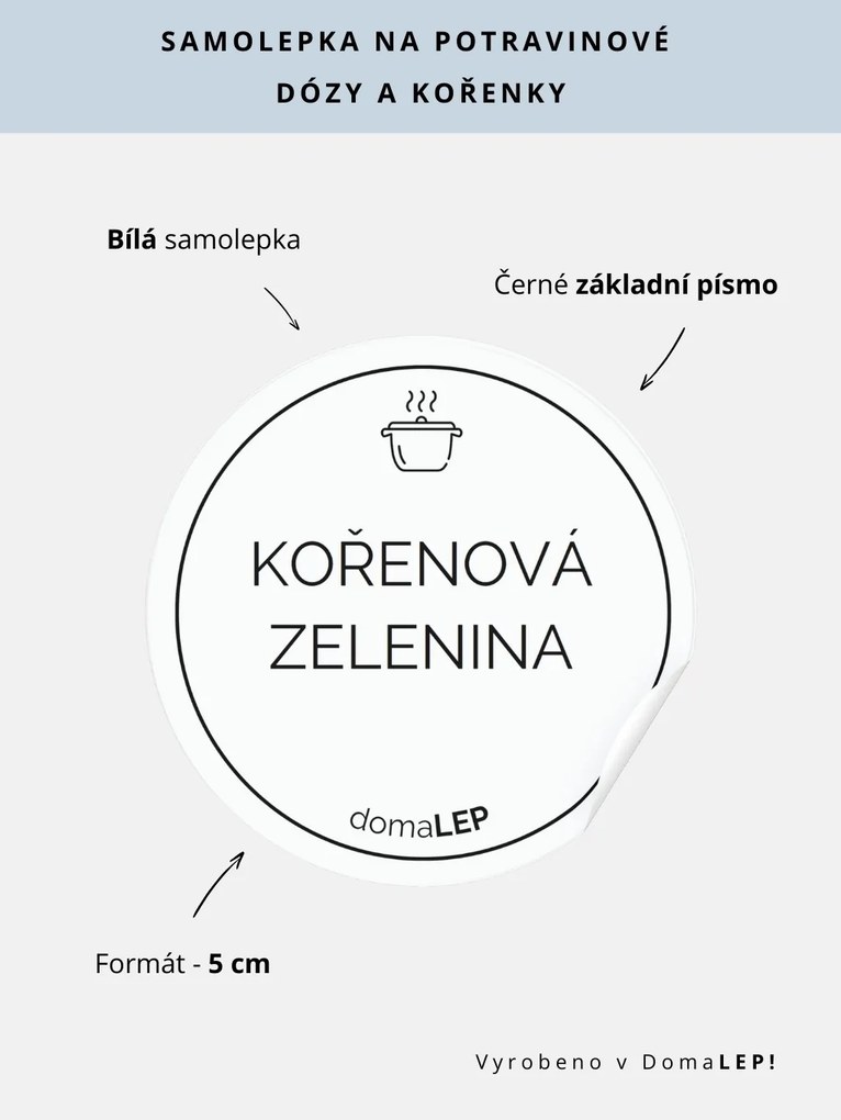 Samolepka na kořenky KOŘENOVÁ ZELENINA bílá 5 cm základní písmo