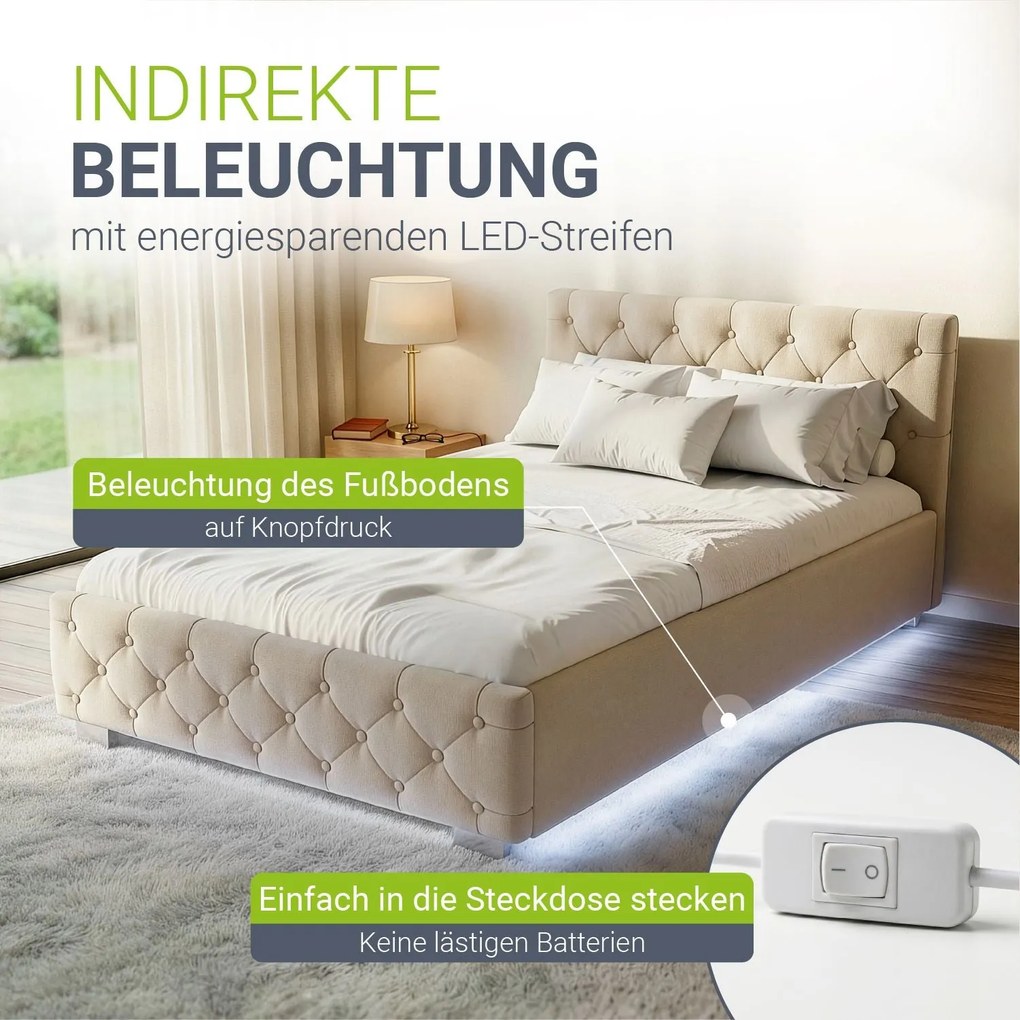 Juskys Čalouněná postel Nizza s LED osvětlením Barva: béžová, Velikost: 180 × 200 cm