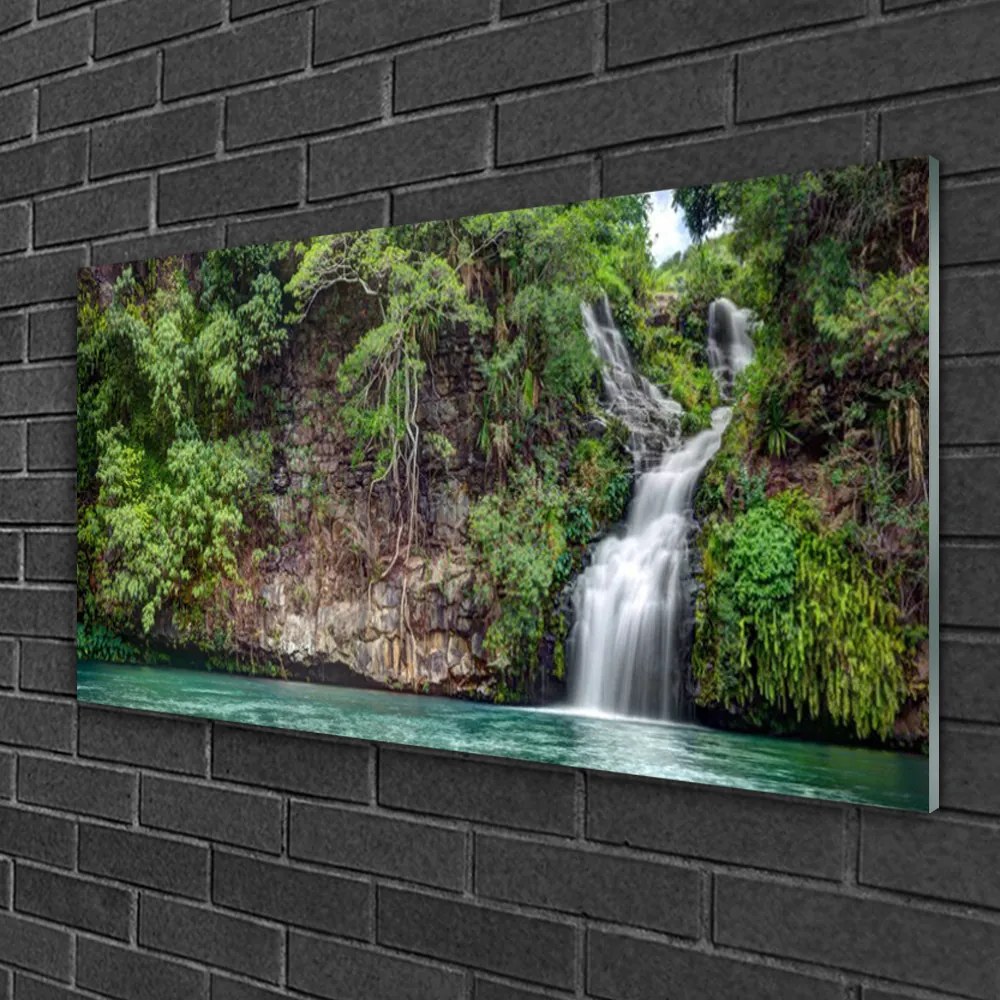 Obraz na skle Vodopád Skála Příroda 100x50 cm