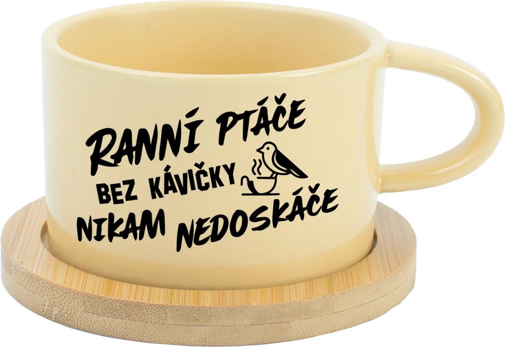 RANNÍ PTÁČE BEZ KÁVIČKY NIKAM NEDOSKÁČE - žlutý hrníček makronka 200 ml
