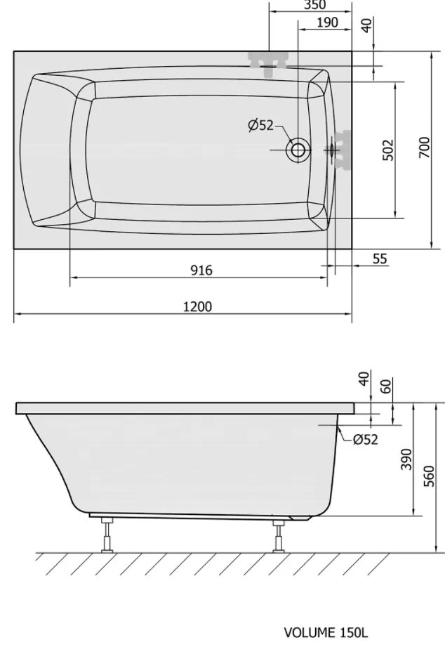 Polysan LILY obdélníková vana s konstrukcí 120x70x39 cm, bílá, 25211