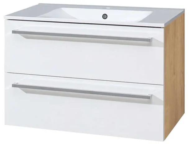 Mereo, Bino, koupelnová skříňka s keramickým umyvadlem 81 cm, bílá/dub CN671