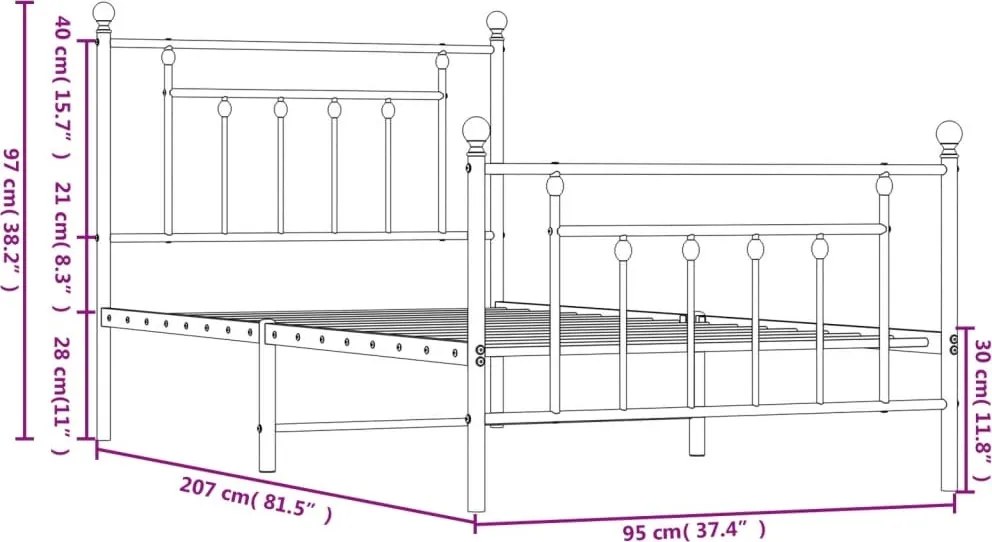 vidaXL Kovový rám postele s hlavovým a nožním čelem 90 x 200 cm [353548] Barva: Černá