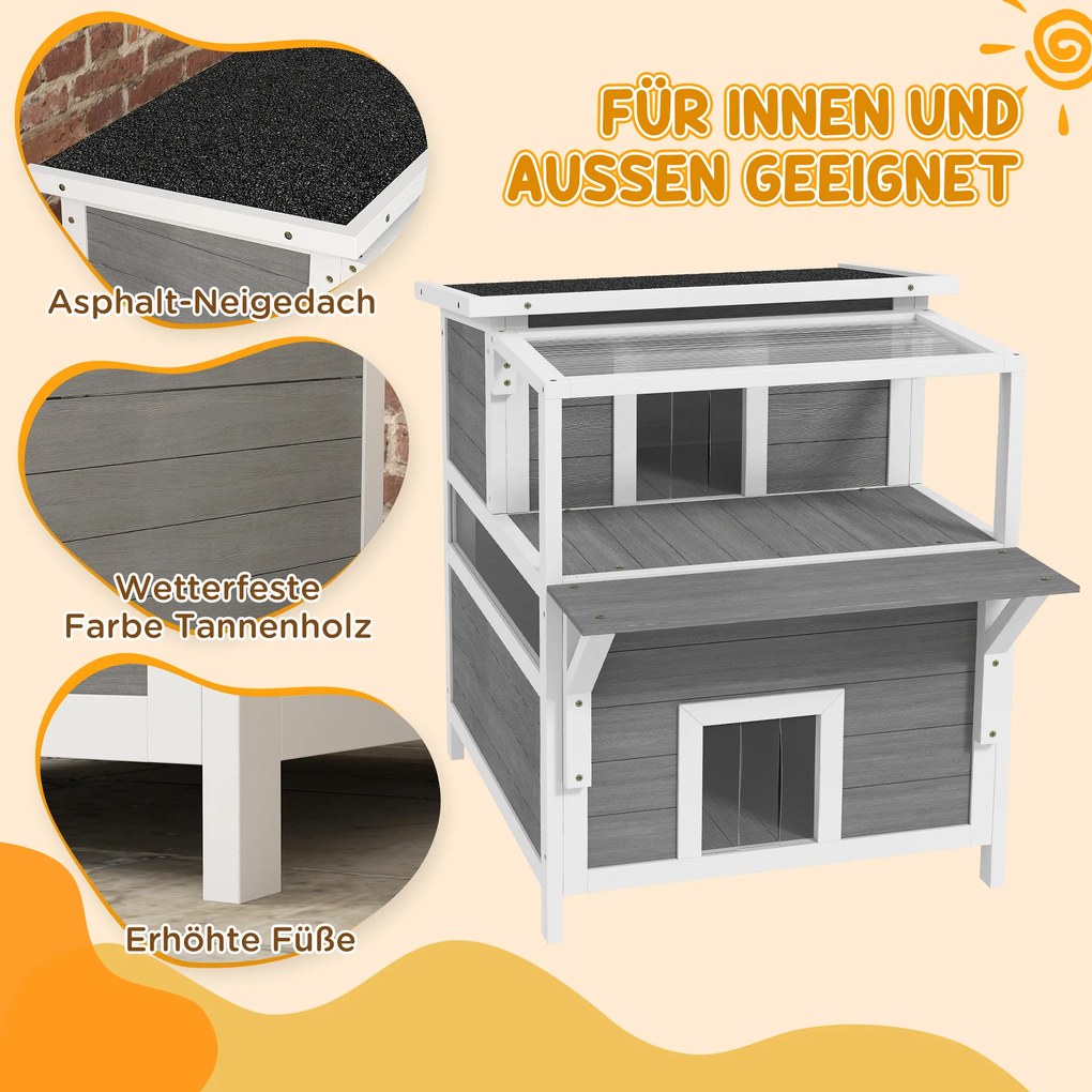PawHut kočičí jeskyně, kočičí bouda z jedlového dřeva, kočičí domek s balkonem, vchody, pro kočky do 5 kg, venkovní, 64 x 87 x 76 cm, světle šedá