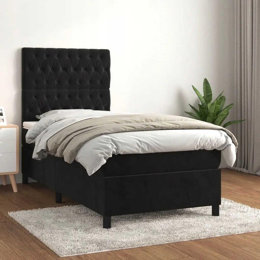 Box Spring Postel S Matrací Černá Samet Černá Prošívaný design 90 x 200 c