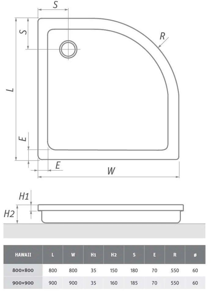 ROTH HAWAII sprchová vanička 900x900x160mm R550 akrylátová, čtvrtkruhová, bílá, 8000026