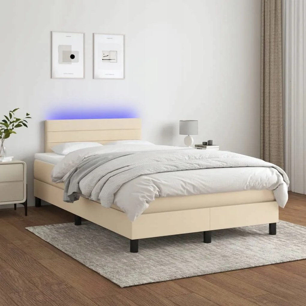Box Spring Postel S Matrací A Led Textil Krémová vodorovné pruhy 120 x 20