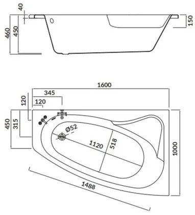 Cersanit Sicilia, asymetrická rohová vana pravá 160x100cm + nožičky, bílá, S301-037