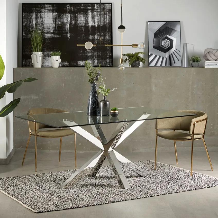 Skleněný jídelní stůl Kave Home Argo 160 x 90 cm s nerezovou podnoží