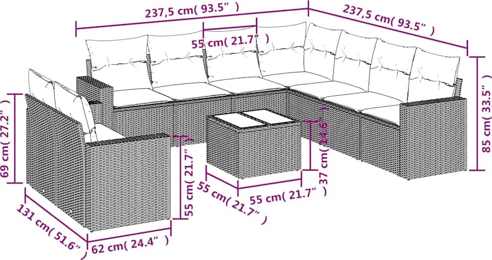 10dílná zahradní sedací souprava s poduškami černá polyratan 3219145