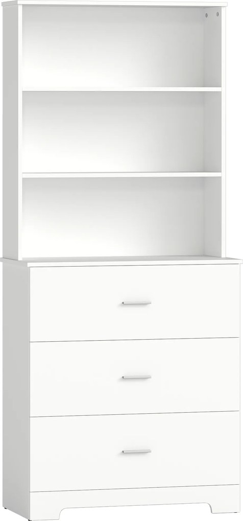 HOMCOM Knihovna, vysoká skříň s vitrínou se 3 zásuvkami, 3 otevřenými policemi, do obývacího pokoje a kuchyně, 79x39,5x180 cm, bílá