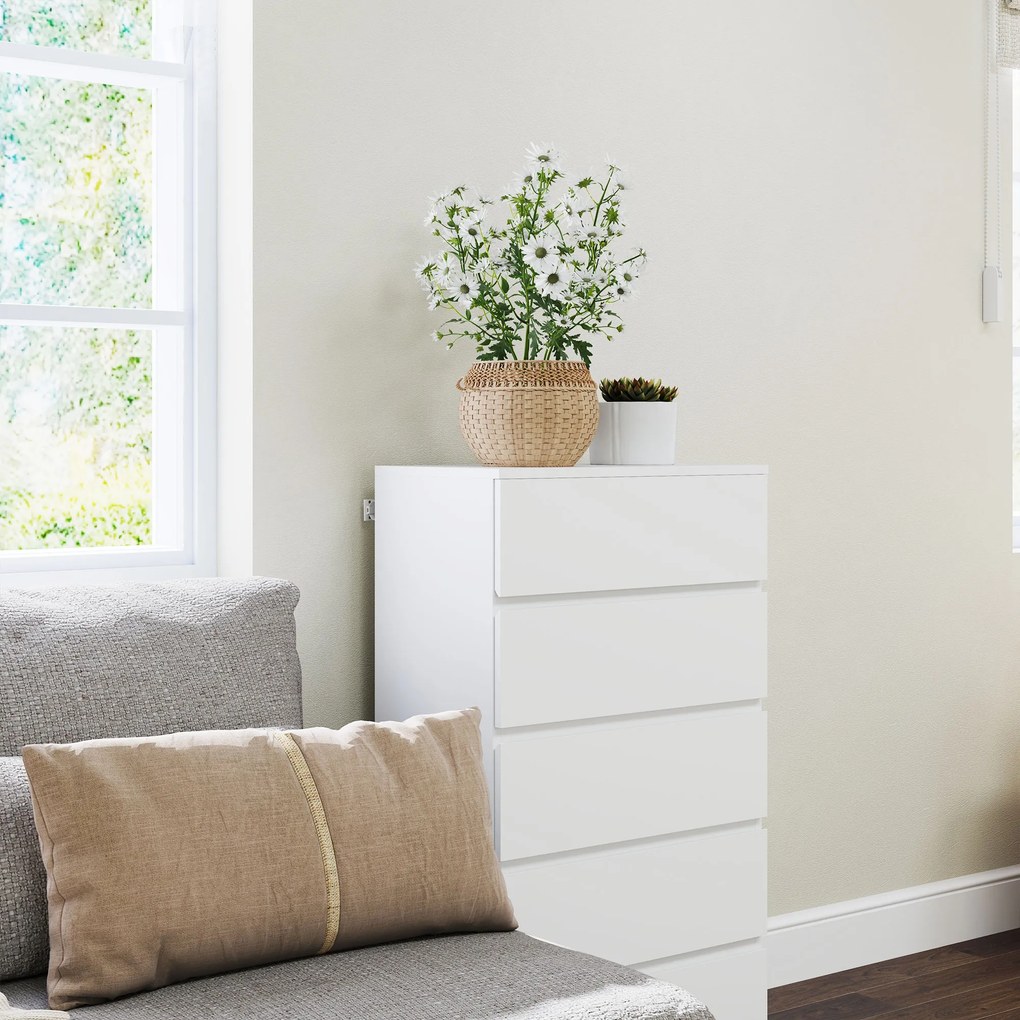 HOMCOM Komoda s 5 Zásuvkami, Moderní Skříň na Oblečení pro Obývací Pokoj, Ložnici a Chodbu, Bílá, 55 x 34 x 100 cm
