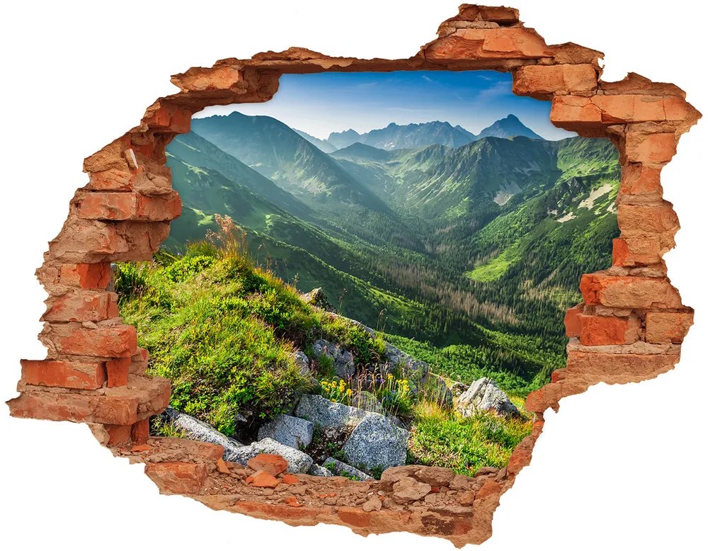 Wallmuralia Díra 3D ve zdi nálepka Východ slunce Tatry 90x70 cm