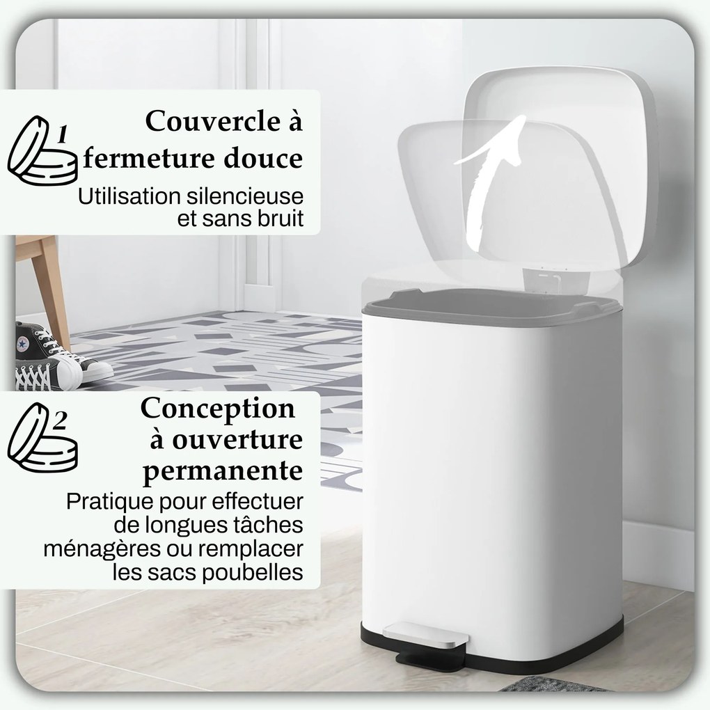 HOMCOM 20L Pěnový Odpadkový Koš z Nerezové Oceli s Tichým Víkem, Kompaktní, Odnímatelný Vnitřní Kbelík, 28L x 35Š x 45V cm, Bílý