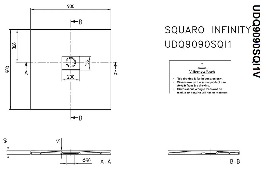 Villeroy & Boch Villeroy Boch Square INFINITY - Sprchová vanička, 90x90cm, Quaryl®, Stone White VB UDQ9090SQI1VRW