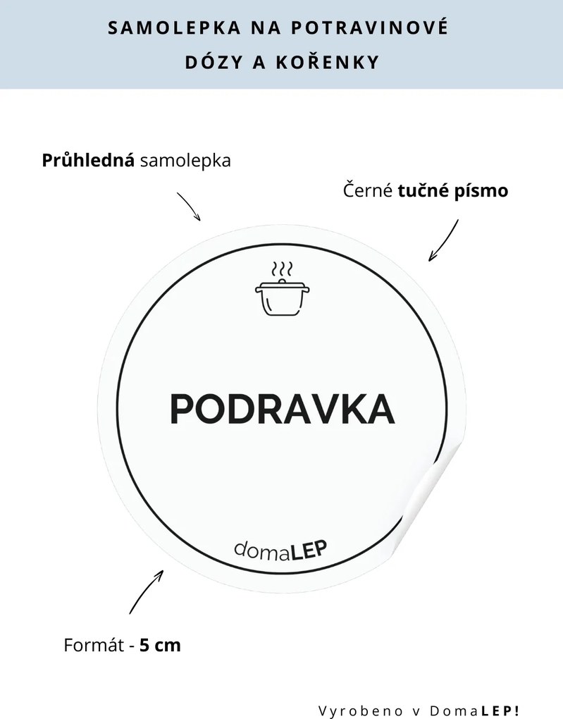 PODRAVKA – průhledná samolepka na dózu, tučné písmo, 5 cm | DomaLEP