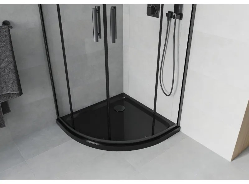Mexen Rio půlkruhový sprchový kout 80 x 80 cm, Průhledné, Černá + sprchová vanička Flat, Černá - 863-080-080-70-00-4170B