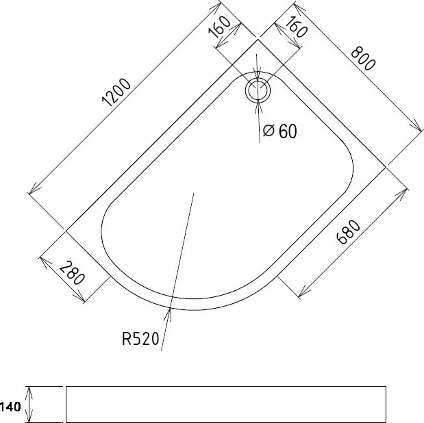 LOR 120x80 Pravá Sprchová vanička asymetrická, akrylát