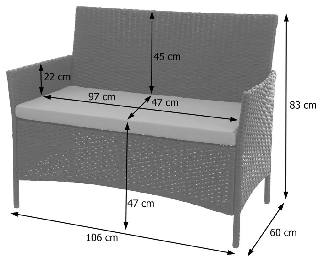 Polyratanová zahradní lavice Halden - šedá, polštář krémová