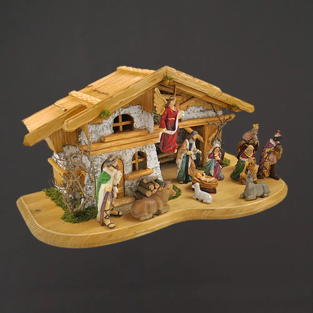 AMADEA Dřevěný osvětlený betlém BEZ FIGUREK 54 cm