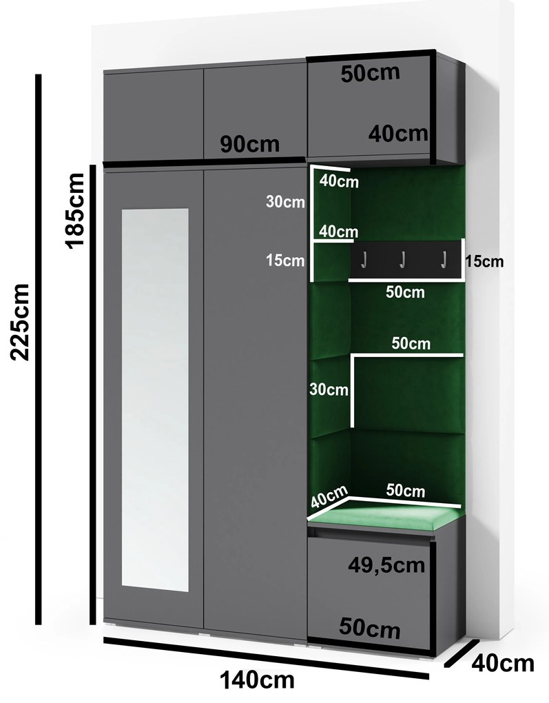 Eka Předsíňová stěna s čalouněnými panely Trinity 18 - Grafit / Krémová bílá 2301