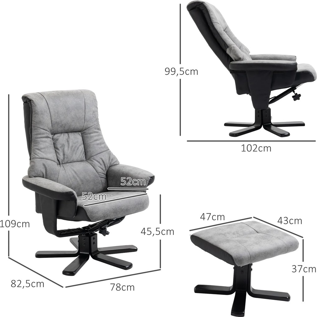 HOMCOM polohovací křeslo s taburetem, otočné TV křeslo s funkcí polohování, mikrovlákno šedé, 78x82,5x109 cm, ideální pro obývací pokoj a relaxaci | …