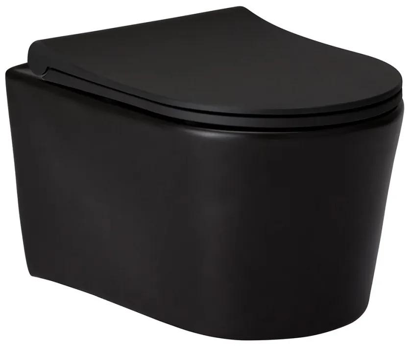 Cerano Puerto, závěsná WC mísa Rimless 500x350x290 mm + WC sedátko Taco s pomalým zavíráním, černá matná, CER-CER-413234