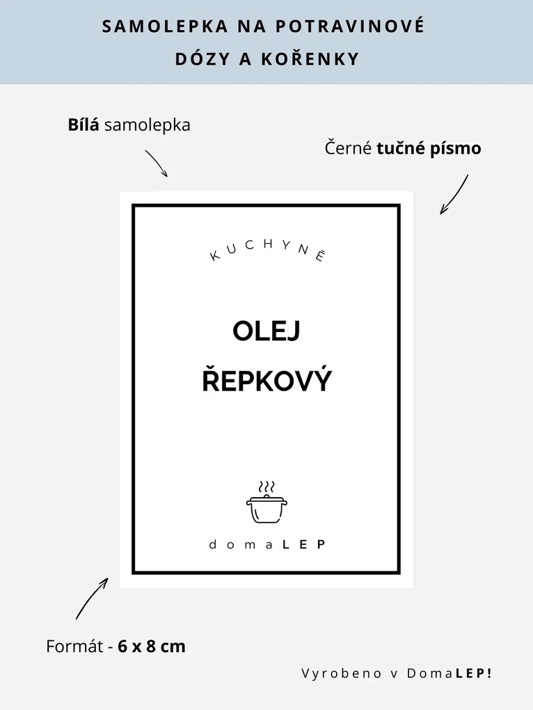 Samolepka na láhev OLEJ ŘEPKOVÝ – bílá, 6 x 8 cm, tučné písmo