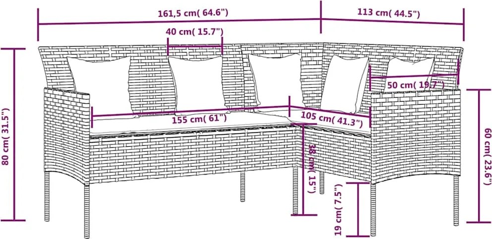 Zahradní sedací souprava ve tvaru L s poduškami polyratan černá 318584