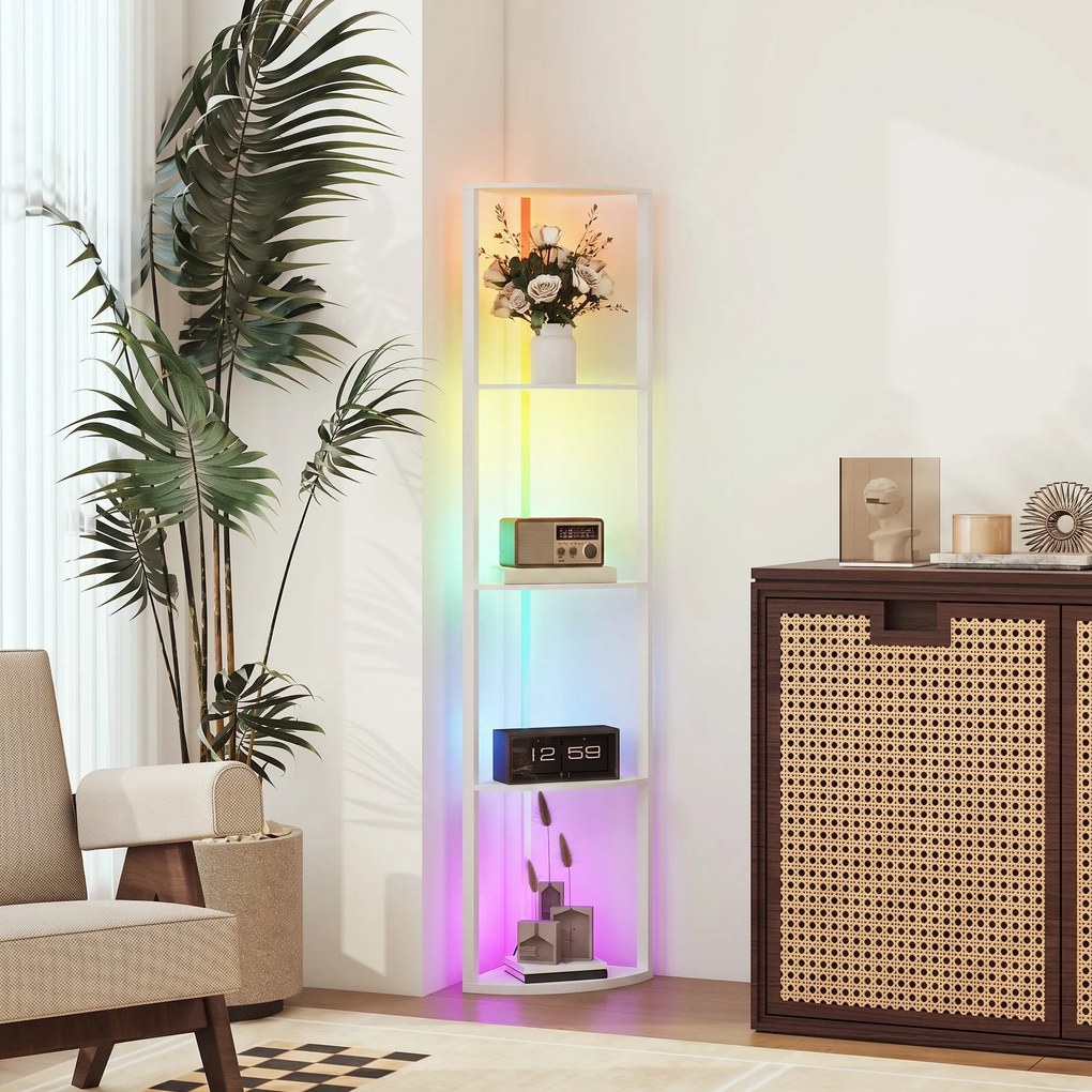 HOMCOM LED stojací lampa, 5stupňově stmívatelná lampa s policí, RGB měnění barev, dálkové ovládání B31-552V90WT