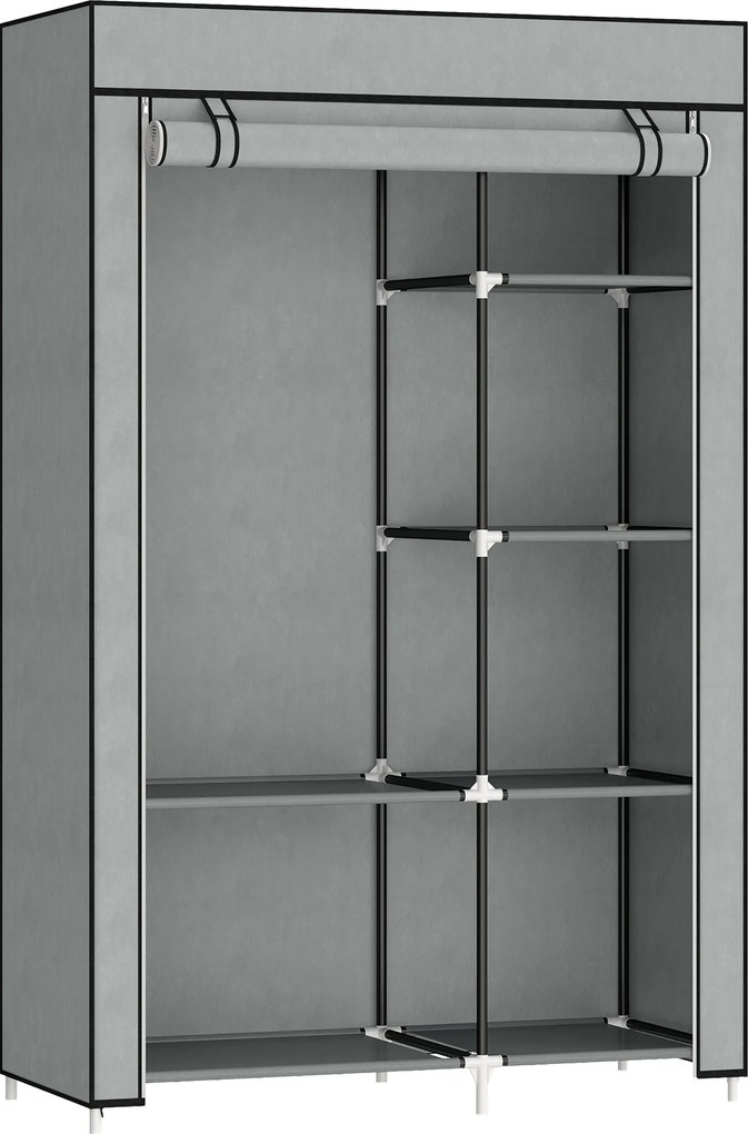 HOMCOM Šatní skříň Látková šatní skříň, 6 přihrádek, šedá, 103x43x162.5cm, Skládací šatní skříň ve fleecovém vzhledu